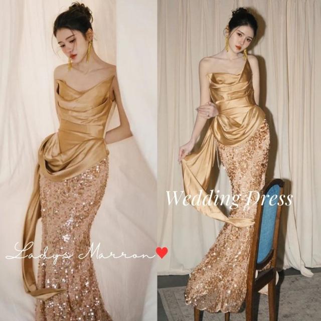 パーティードレス 金 ウェディングドレス ウエディングドレス カラードレス シャンパンゴールド ピアノ 発表会 ゴールド 演奏会ドレス ゴールドドレス お呼ばれドレス 結婚式 オフショルダー イブニングドレス ロングドレス 韓国 春 夏 秋 冬