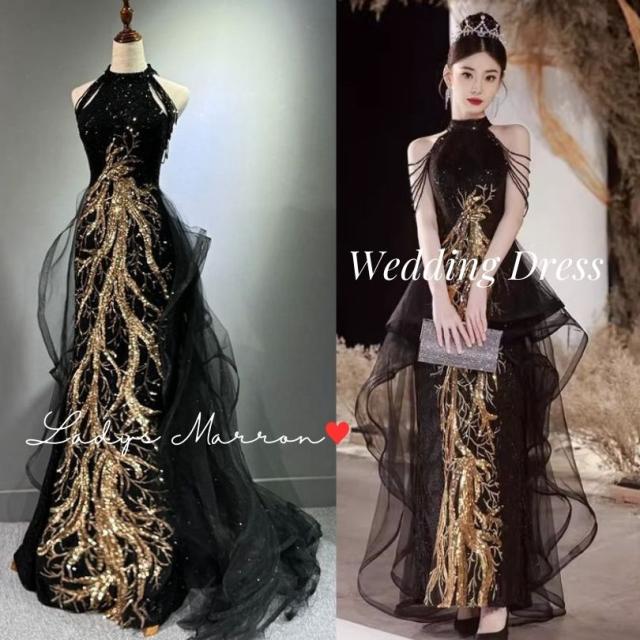 スパンコールドレス パーティードレス ショルダーネックレス ウェディングドレス ウエディングドレス 黒 前撮りドレス お色直し ロングドレス カラードレス イブニングドレス 韓国 春 夏 秋 冬 ロング丈 マキシ丈  可愛い ゴールド刺繍 キラキラ