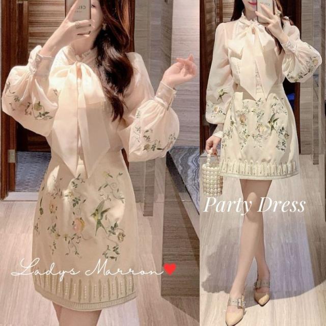 タイトドレス お呼ばれドレス 結婚式 白パーティードレス ブラウスドレス ボウタイブラウス パーティードレス 20代 30代 刺繍 オシャレドレス ドレス かわいいドレス 韓国 セットアップ 上下セット ツーピース 花柄 ハイネック