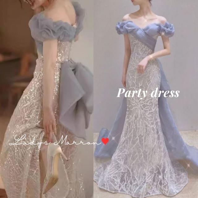 ロングドレス イブニングドレス マーメイドドレス オフショルダードレス オフショルドレス フリルドレス パーティードレス 結婚式ドレス ブライダルドレス バックリボン ブルードレス ウェディングドレス ロングワンピース 韓国