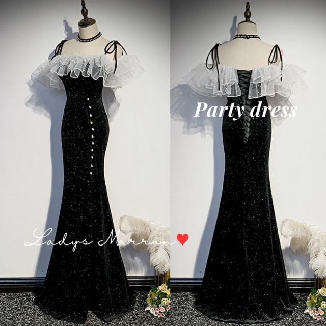 ロングドレス イブニングドレス マーメイドドレス オフショルダードレス オフショルドレス フリルドレス パーティードレス 結婚式ドレス ブライダルドレス 黒 ウェディングドレス お呼ばれドレス 結婚式 個性的 かっこいい 韓国 春 夏 秋