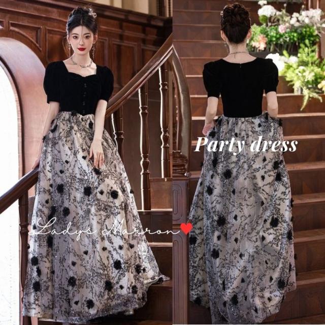 花柄ワンピース 半袖 花刺繍 花柄ドレス ワンピース 夏ワンピース 切り替えワンピース ウエスト切り替えワンピース マキシワンピース マキシ丈ワンピース 大人可愛い サマーワンピース 高級 パーティードレス ロングドレス 韓国