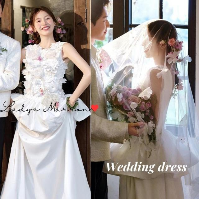 ウエディングドレス ウェディングドレス 白 前撮りドレス 白ワンピ 白ワンピース 白ドレス ドレス 二次会 花嫁 2次会 花嫁ドレス 結婚式 花びらドレス 韓国 春 夏 秋 冬 可愛い フォトウェディング パーティードレス 花びら 白いドレス ホワイトドレス プリンセス