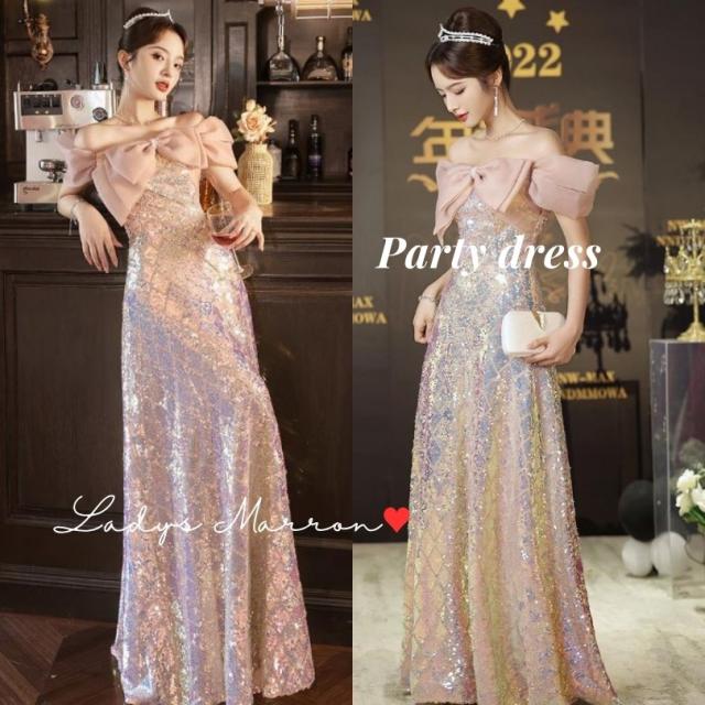 ピンクドレス スパンコールドレス リボンドレス イブニングドレス キラキラドレス 同窓会ドレス 成人式ドレス パーティードレス 韓国 オフショルダードレス オフショルドレス キラキラ ロングドレス お呼ばれドレス 結婚式ドレス 結婚式お呼ばれドレス