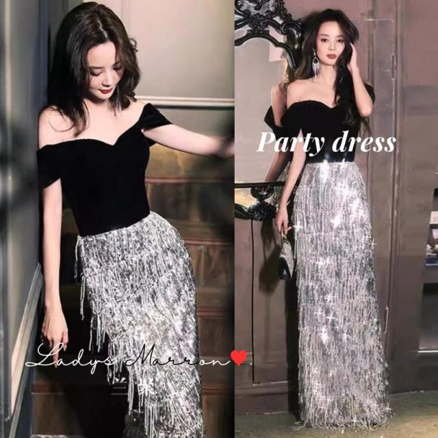 スパンコールドレス イブニングドレス パーティー 黒 シルバー ロングドレス ステージドレス オフショルダードレス オフショルドレス パーティードレス キラキラドレス お呼ばれドレス キラキラ 結婚式お呼ばれドレス 結婚式お呼ばれ 服 タイトドレス 韓国