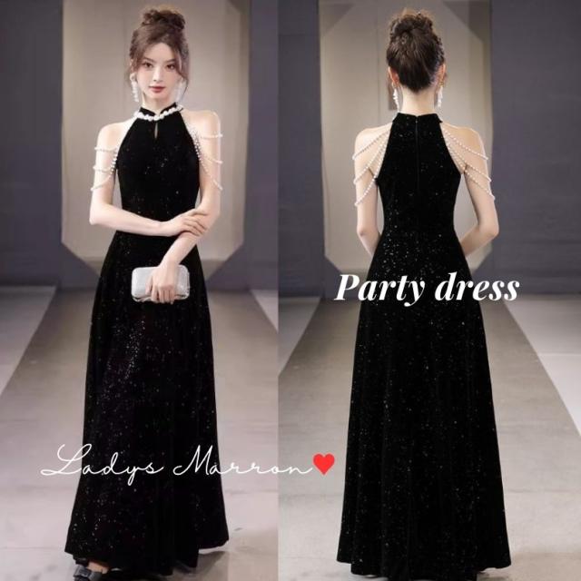 パールドレス ロングドレス パーティードレス 韓国 お呼ばれドレス 結婚式 参列 ドレス 結婚式お呼ばれドレス 20代 韓国 結婚式ドレス 黒 夏 スマートカジュアル 女性 イブニングドレス フレアドレス ブラックドレス マオカラー 春 秋 冬 ノースリーブ ロング丈  可愛い