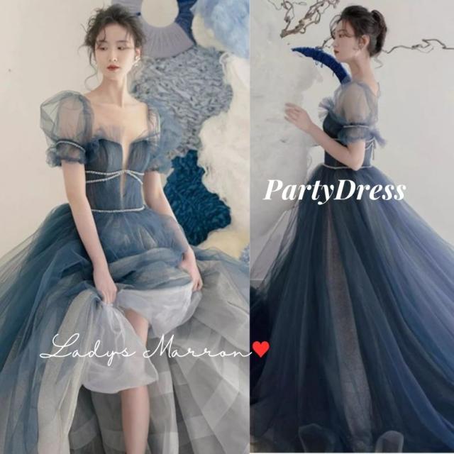 カラードレス ウェディングドレス プリンセスドレス 演奏会ドレス ステージドレス 青ドレス ブルードレス 結婚式 お色直しドレス パーティードレス ロングドレス ワンピース 韓国 無地 スクエアネック 春 夏 秋 冬 半袖 ロング丈  可愛い パフスリーブ