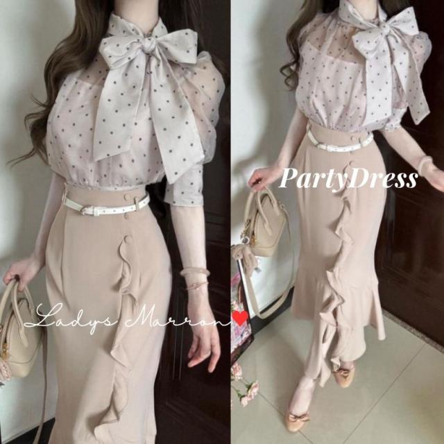 セットアップ マーメイドスカート ドットブラウス リボンブラウス フリルスカート 量産型 韓国 フェミニン ガーリー ツーピース ハイウエスト お呼ばれワンピース お呼ばれコーデ 上下セット 2点セット ドット柄 無地 リボン 春 夏 秋 七分袖 ロング丈