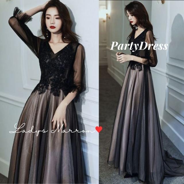 イブニングドレス 黒ドレス マザーズドレス ロングドレス 長袖