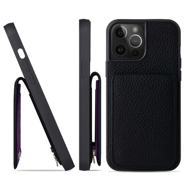 [HANATORA] iPhone12 ProMax ケース 本革 シュリンクカーフレザー カードポケット フラップ スタンド機能 ショルダーストラップ 耐衝撃 ハンドメイド ギフト シンプル メンズ レディース スマホケース 黒 クロ ブラック SCPG-12ProMax-Black