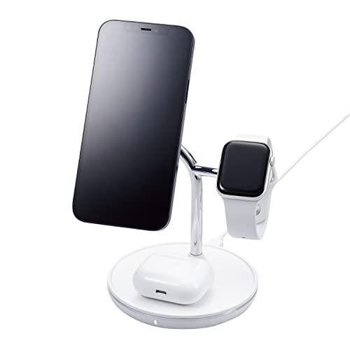 エレコム ワイヤレス充電器 3in1 3台同時充電 [Magsafe対応のiPhone/Apple Watch/AirPods] マグネット内蔵 7.5W+5W Type-C(入力ポート) C-Cケーブル付属 Apple正規認証品 Made for Apple Watch認証 ホワイト W-MS04WH