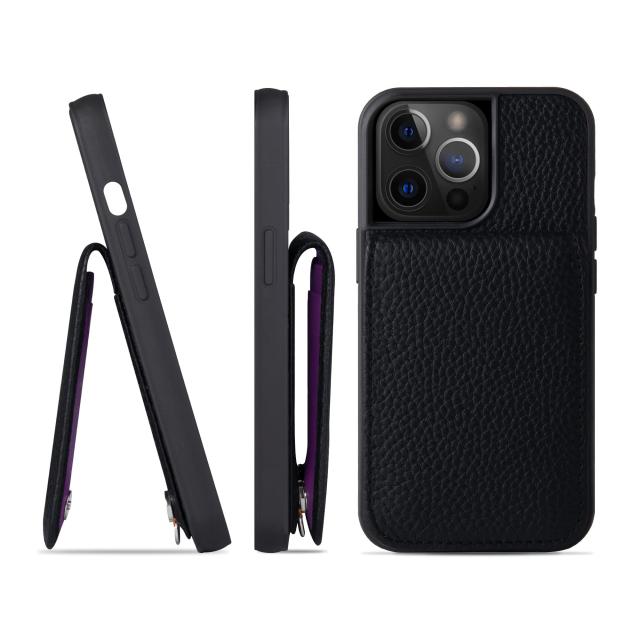 [HANATORA] iPhone 15 Pro ケース 本革 シュリンクカーフレザー カードポケット フラップ スタンド機能 ショルダーストラップ 耐衝撃 ハンドメイド ギフト シンプル メンズ レディース スマホケース 黒 クロ ブラック SCPG-15Pro-Black