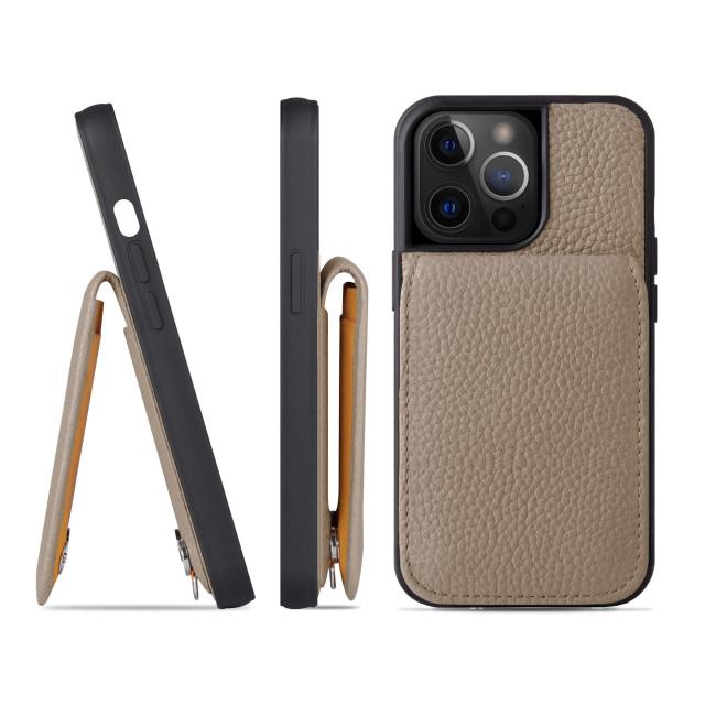 [HANATORA] iPhone 15 Pro ケース 本革 シュリンクカーフレザー カードポケット フラップ スタンド機能 ショルダーストラップ 耐衝撃 ハンドメイド ギフト シンプル メンズ レディース スマホケース グレー ベージュ グレージュ SCPG-15Pro-Grege