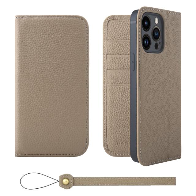 [HANATORA] iPhone14ProMax ケース 手帳型 本革 シュリンクカーフレザー スマホケース スタンド機能 ベルトなし マグネットなし グレージュ H0XA-14ProMax-Grege