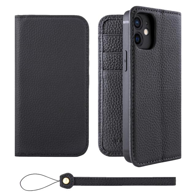 [HANATORA] iPhone12mini ケース 手帳型 本革 シュリンクカーフレザー スマホケース スタンド機能 ベルトなし マグネットなし ブラック 黒 H0XA-12mini-Black