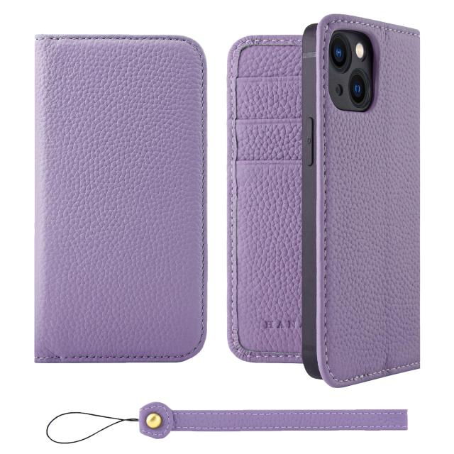 [HANATORA] iPhone13mini ケース 手帳型 本革 シュリンクカーフレザー スマホケース スタンド機能 ベルトなし マグネットなし ラベンダー H0XA-13mini-Purple