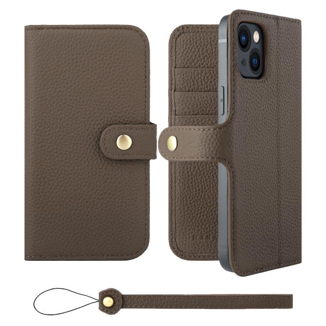 [HANATORA] iPhone13mini ケース 手帳型 本革 シュリンクカーフレザー スマホケース スタンド機能 ベルトあり マグネットなし トープ H0XB-13mini-Taupe