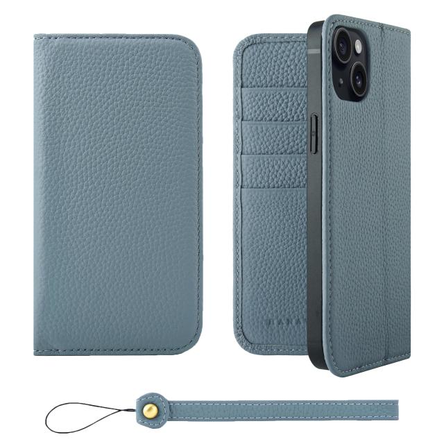 [HANATORA] iPhone15Plus ケース 手帳型 本革 シュリンクカーフレザー スマホケース スタンド機能 ベルトなし マグネットなし ブルーグレー H0XA-15Plus-BlueGray