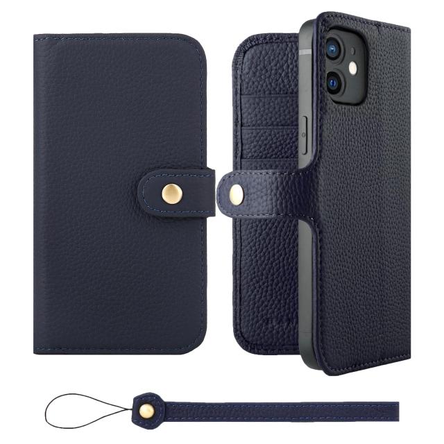 [HANATORA] iPhone12mini ケース 手帳型 本革 シュリンクカーフレザー スマホケース スタンド機能 ベルトあり マグネットなし ネイビー H0XB-12mini-Navy