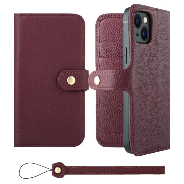 [HANATORA] iPhone13 ケース 手帳型 本革 シュリンクカーフレザー スマホケース スタンド機能 ベルトあり マグネットなし ワインレッド H0XB-13-Wine