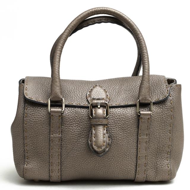 ○フェンディ FENDI 牛革 カーフ ハンドバッグ selleria セレリア ミニ リンダ フラップ式 シボ革 シュリンクレザー ミニボストン  中古