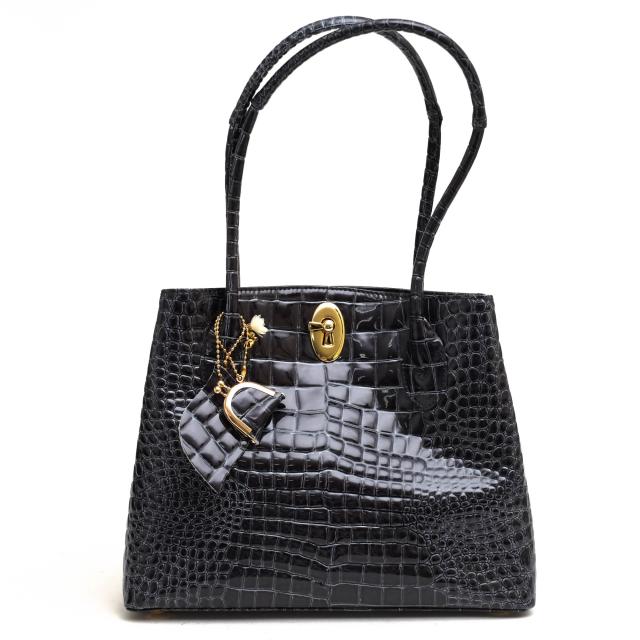 ○鎌倉高野 Takano シャイニングエナメルレザー 牛革 ハンドバッグ ツイストバッグ クロコ型押し 肩掛け ワンショルダーバッグ レ  中古