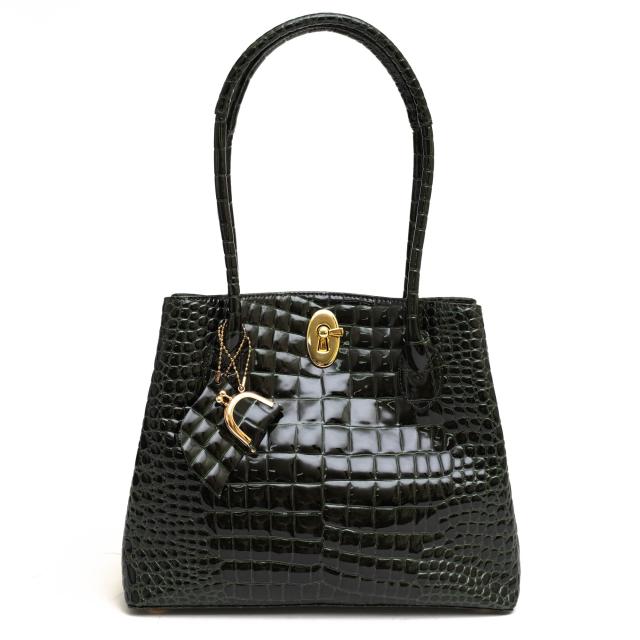 ○鎌倉高野 Takano シャイニングエナメルレザー 牛革 ハンドバッグ ツイストバッグ クロコ型押し 肩掛け ワンショルダーバッグ レ  中古