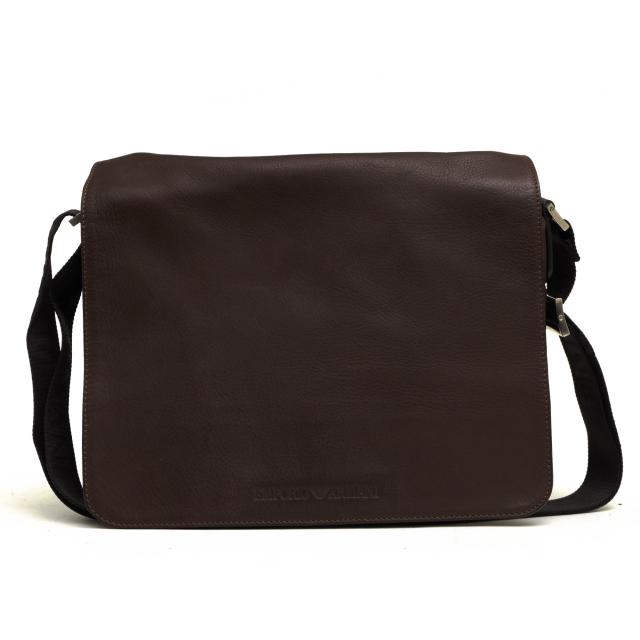 ○アルマーニ EMPORIO ARMANI 牛革 ショルダーバッグ フラップ式 メッセンジャーバッグ シボ革 シュリンクレザー メンズ 【中古】 中古