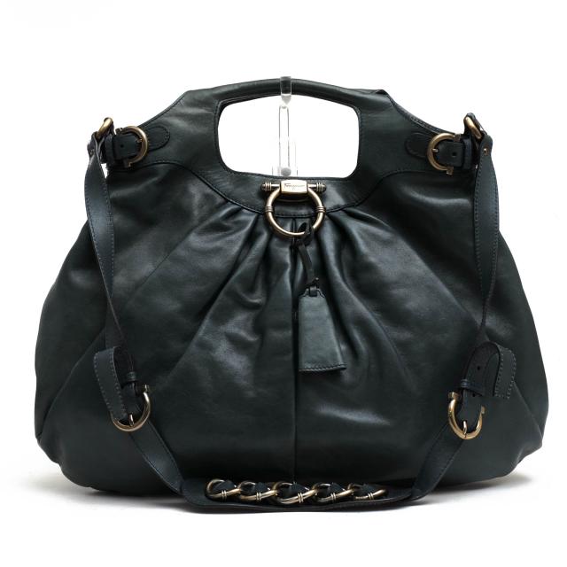 ○フェラガモ Salvatore Ferragamo 牛革 カーフ ダークグリーン ハンドバッグ AB-21 B401 2WAY ショルダーバッグ レディース 【中  中古