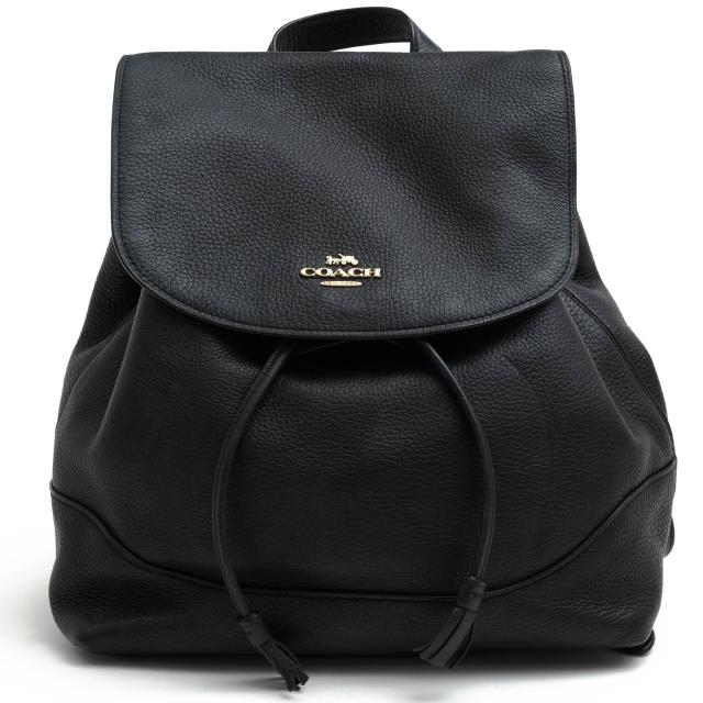 ○コーチ COACH ペブルドレザー 牛革 リュック F72645 Elle Backpack エル バックパック フラップ式 巾着型 シボ革 シュリンクレザ 中古
