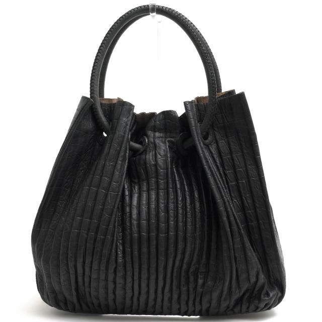 ○アルマーニ GIORGIO ARMANI 天然皮革 トートバッグ Pleated Leather Bucket Bag プリーツ クロコ型押し メンズ 【中古】 中古