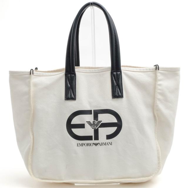 ○アルマーニ EMPORIO ARMANI コットンキャンバス 牛革 トートバッグ Y4N135 Y025E ショッピングトート 肩掛け ワンショルダーバッ 中古