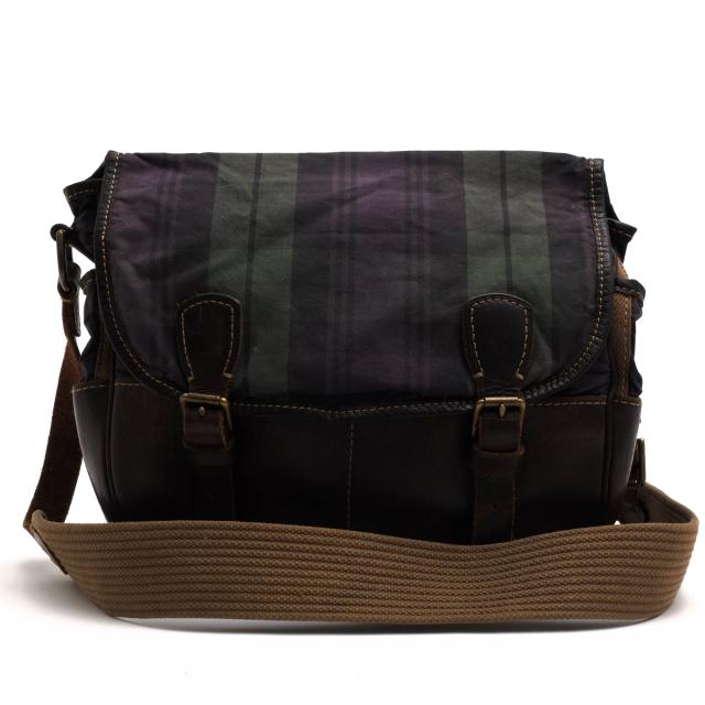 ○ラルフローレン RALPH LAUREN オイルドコットンキャンバス地 牛革 ショルダーバッグ ブラックウォッチ柄 メッセンジャーバッグ   中古