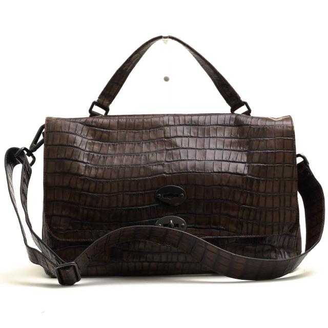○ザネラート ZANELLATO 牛革 ショルダーバッグ POSTINA M ポスティーナ ユニセックス 男女兼用 クロコ型押し 2WAY ショルダーバッ 中古