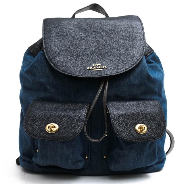 ○コーチ COACH キャンバス ペブルドレザー 牛革 リュック F25883 Billie Backpack Denim Multi Light Gold 巾着型 デニム レディ  中古