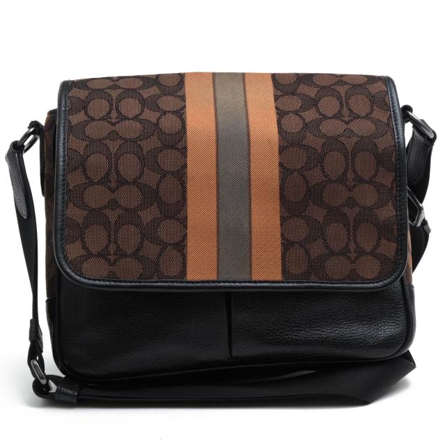 ○コーチ COACH ペブルドレザー 牛革 ショルダーバッグ C6583 Thompson Small Map Bag In Signature Jacquard With Stripe トンプ  中古