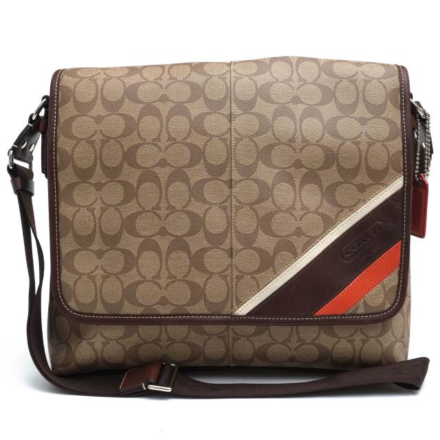 ○コーチ COACH シグニチャーコーテッドキャンバス 牛革 ショルダーバッグ 70339 Heritage Stripe Signature Messenger Bag ヘリテ 中古