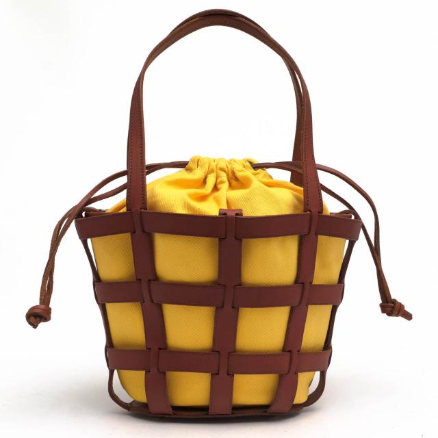 ○ジャストカンパーニュ Just Campagne バスケットバッグ 牛革 リネン ハンドバッグ VALLEE SET truffe 巾着型 肩掛け ワンショル  中古