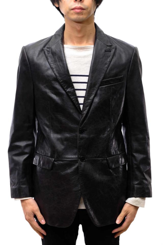 ○ディーケーエヌワイ DKNY ラムレザー 羊革 テーラードジャケット ピークドラペル シングルブレスト メンズ 【中古】 中古