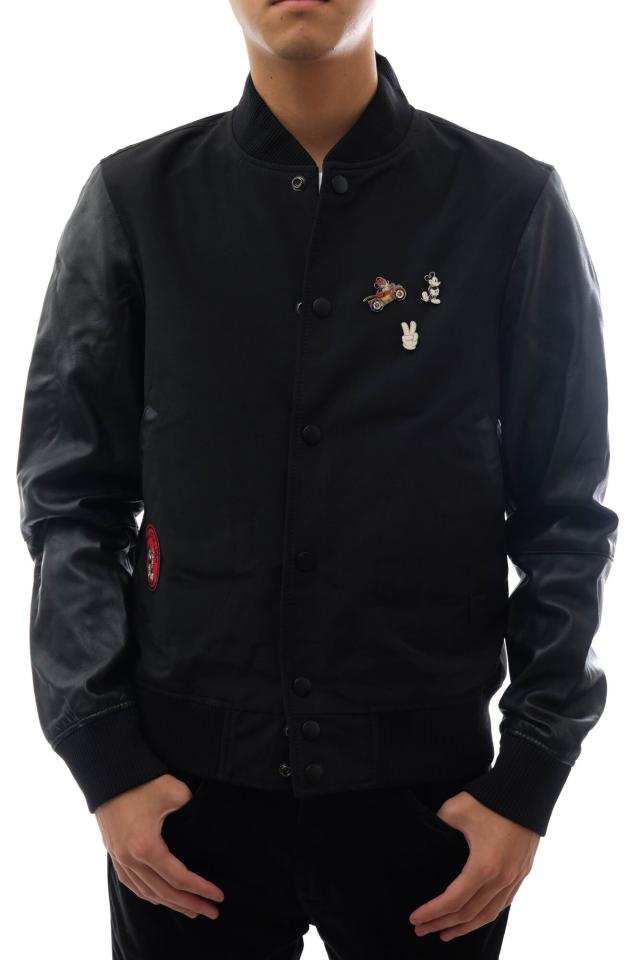 ○コーチ COACH Disney ディズニーコラボ ミッキーマウス スタジャン F87383 MIXED MATERIAL MICKEY VARSITY JACKET 袖レザー リブ 中古
