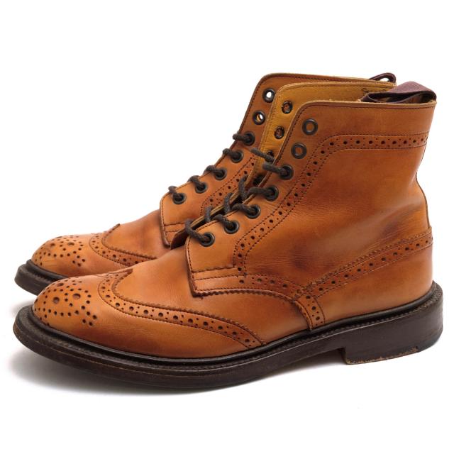 ○トリッカーズ Tricker's カーフ 牛革 レースアップブーツ L5180 MALTON Brogue Boots モールトン ダブルソール カントリーブーツ 中古