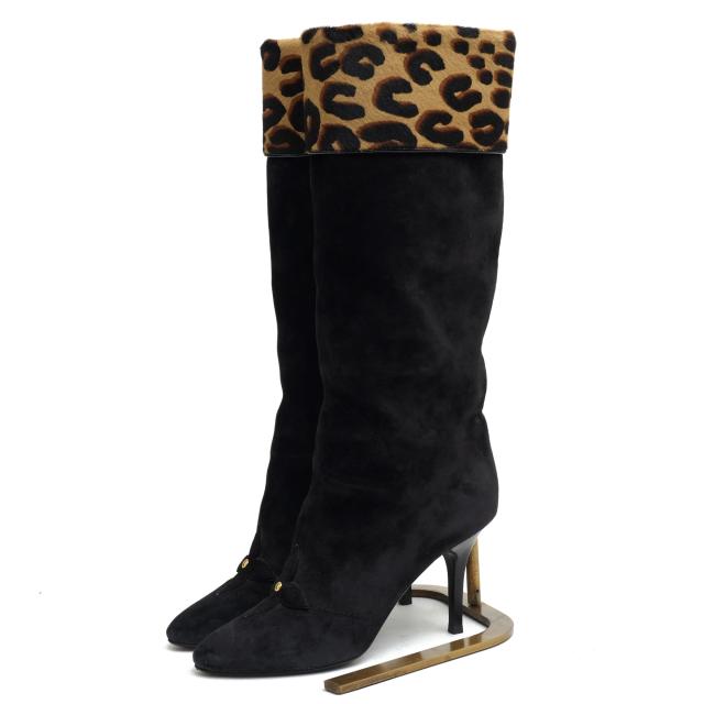 ○ヴィトン Louis Vuitton 牛革 ハラコ ロングブーツ レオパード プレーントゥ レザーソール レディース 【中古】 中古