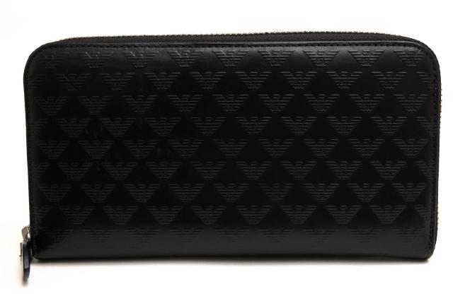 ○アルマーニ EMPORIO ARMANI 牛革 長財布 YEME49 YC043 イーグルロゴ 小銭入れあり ラウンドジップ ラウンドファスナー メンズ 【 中古