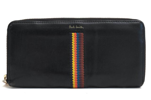 ○ポールスミス Paul Smith 牛革 長財布 PSQ034 EMBROIDERD STRIPE LONG WALLET エンブロイダードストライプ ストライプ ラウンド  中古