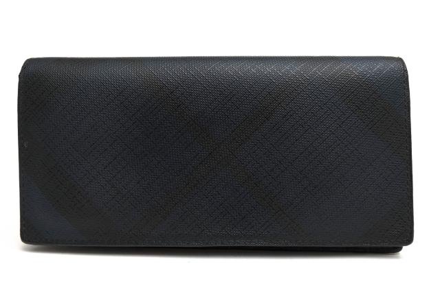 ○バーバリー BURBERRY 牛革 カーフ 長財布 80060331 Cavendish London Check Canvas And Leather Wallet ロンドンチェック 小銭入 中古