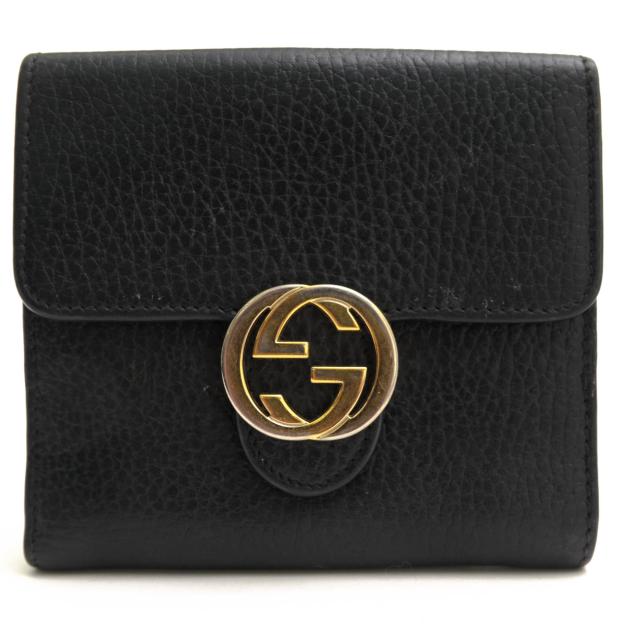 ○グッチ GUCCI 牛革 カーフ 財布 598167 インターロッキングG 小銭入れあり シボ革 シュリンクレザー 二つ折り レディース 【中古 中古