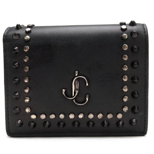 ○ジミーチュウ Jimmy Choo 牛革 カーフ 財布 193 Hanne Smooth Calf Leather Jc Emblem Wallet コンパクトウォレット スタッズ 二 中古