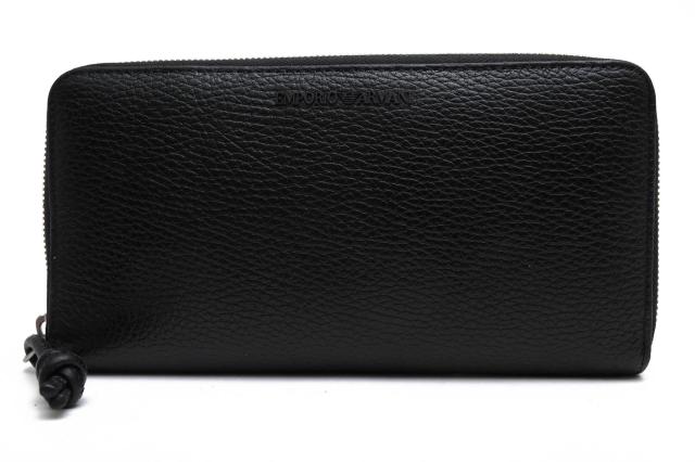 ○アルマーニ EMPORIO ARMANI 牛革 長財布 Y4R169 Y068E ZIP AROUND BUSINESS WALLET オーガナイザー 小銭入れあり シボ革 シュリ  中古