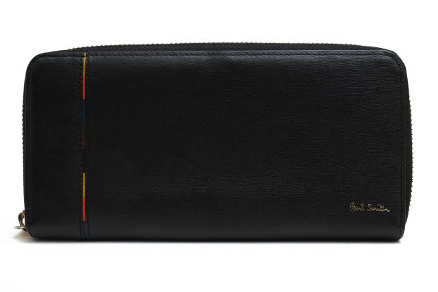 ○ポールスミス Paul Smith カーフスキン 牛革 長財布 PSQ156 インセットストライプ 水シボ風型押し 小銭入れあり ラウンドジップ  中古