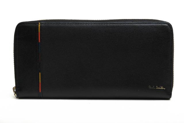 ○ポールスミス Paul Smith カーフスキン 牛革 長財布 P156 インセットストライプ 水シボ風型押し 小銭入れあり ラウンドジップ ラ 中古